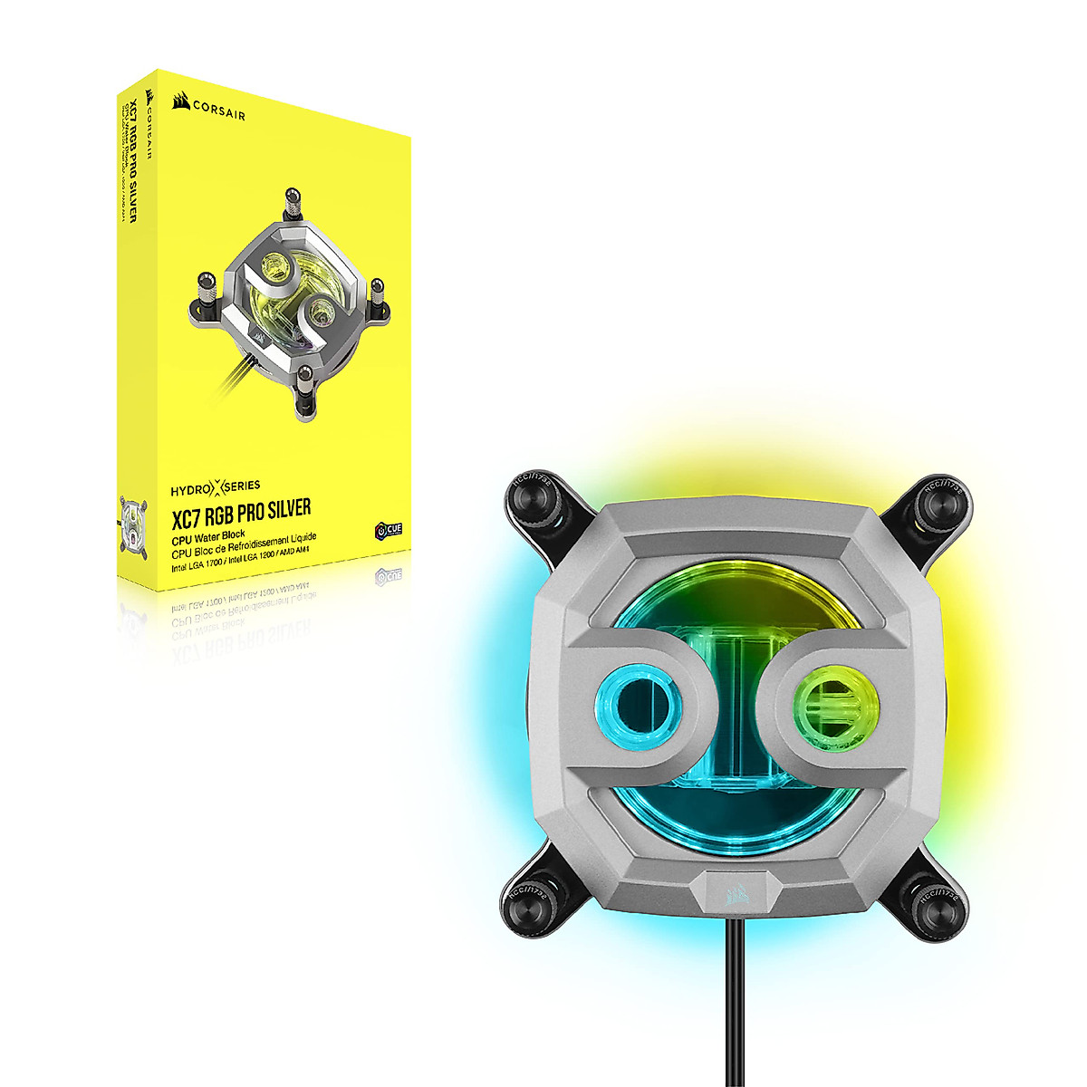 CORSAIR Hydro X Series XC7 RGB PRO CPU Water Block for Intel LGA 1700, 1200, 115X and AMD Socket AM4 (Copper Cold Plate, 110 MicroCooling Fins, 5V ARGB Motherboard Adapter Cable Included) Silver