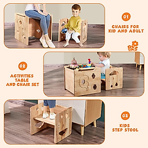 Montessori Weaning Table and Chair Set with Built-in Chalkboard,3 in 1 Solid Wooded Toddler Table and Chair,Kids Activity Table Set for Aged 1-3,Kids Montessori Furniture for Painting Learning Playing
