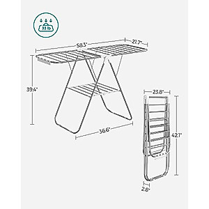 SONGMICS Clothes Drying Rack, with Sock Clips, Metal Laundry Rack, Foldable, Space-Saving, Free-Standing Airer, with Height-Adjustable Gullwings, Indoor Outdoor Use, Silver and White ULLR052W01