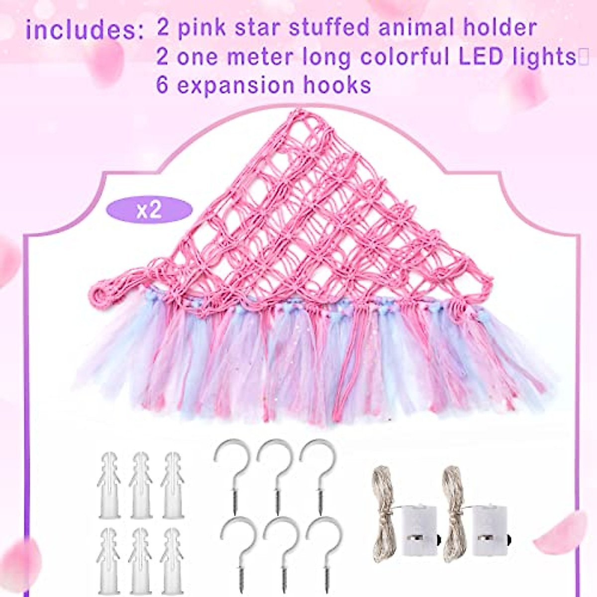 Windyun 2 Pcs Stuffed Animal Storage Hammock or Net with LED Light Stuffed Hanging Toy Hammock Mesh Organizer Holder Doll Room Corner for Kids Room Nursery Playroom Bedroom, Pink