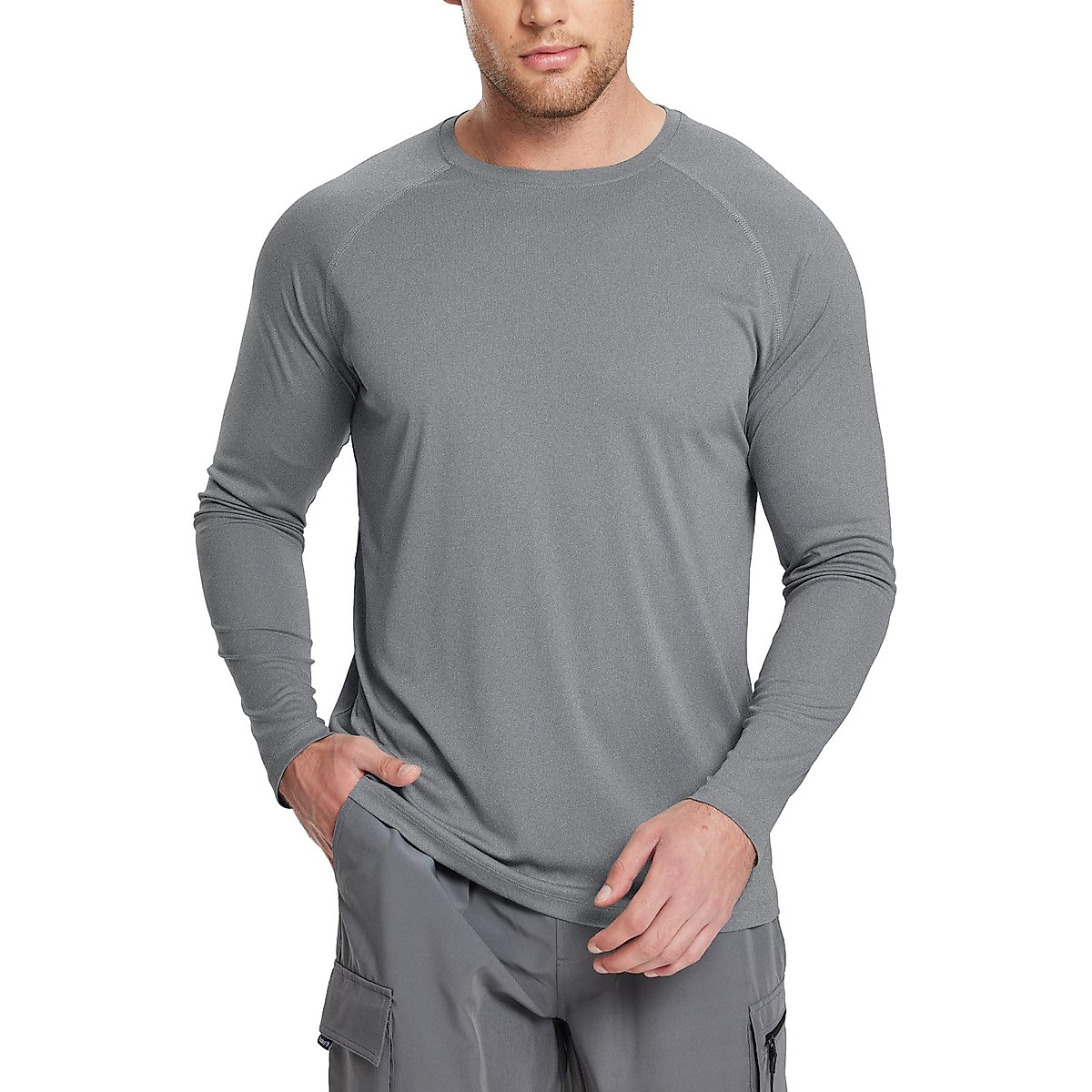 BALEAF Men's Long Sleeve Running Shirts Workout Tops Quick Dry SPF Rash Guard Lightweight Hiking Sun Protection t Shirt Grey M