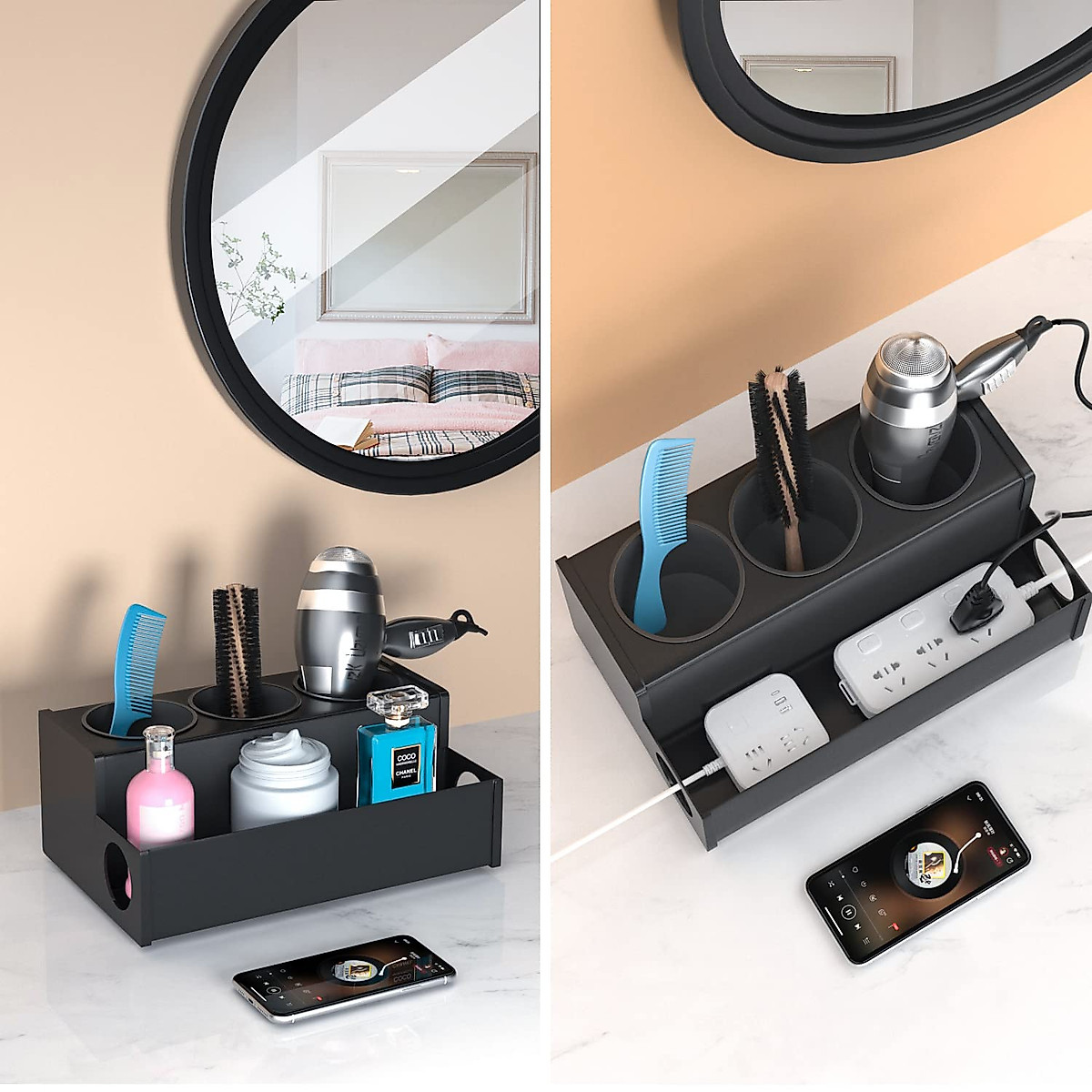 Hair Tool Organizer, Material Upgraded Metal Bathroom Counter Organizer for Hair Dryer Hair Straightener Hair Styling Tool Makeup Toiletries, Black