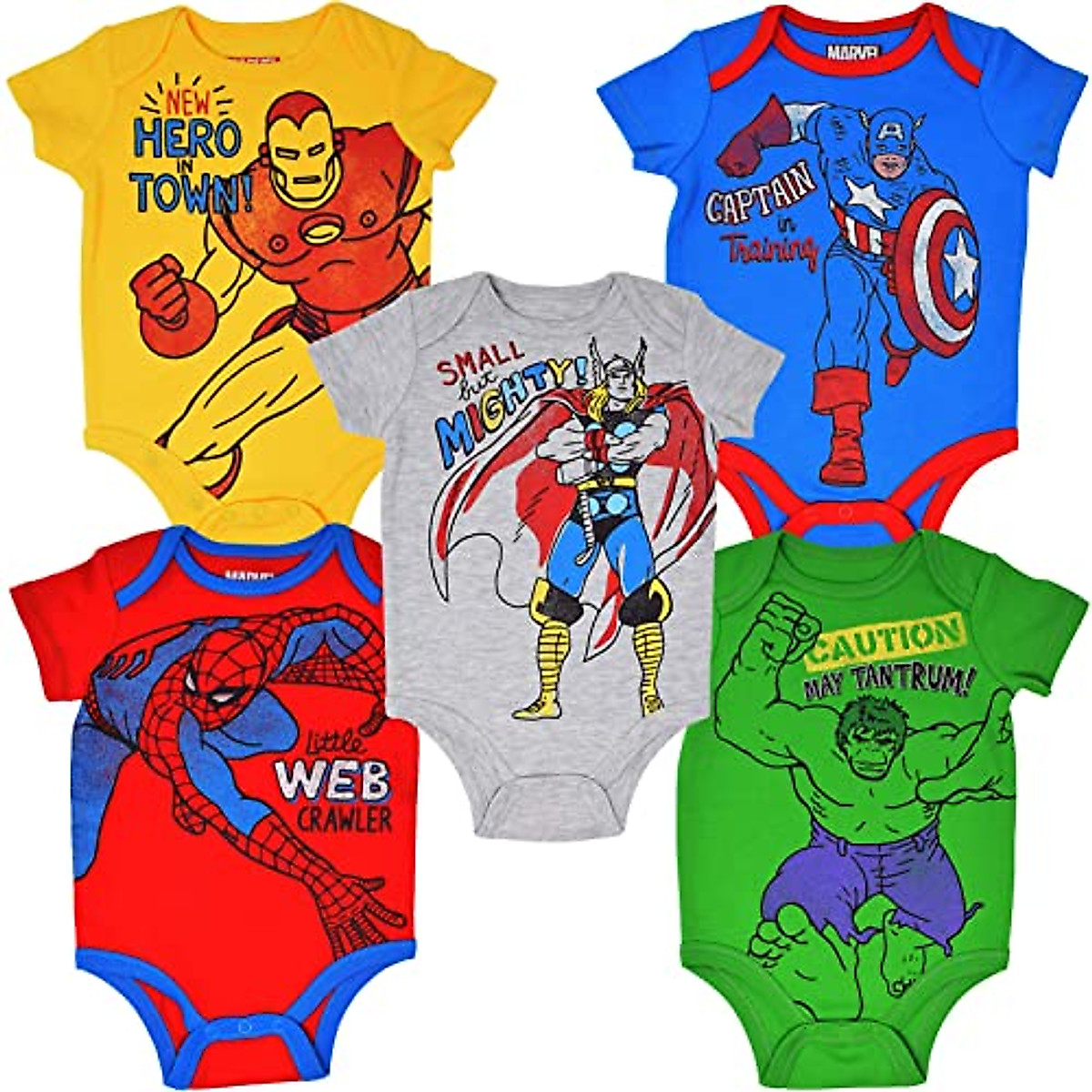 Marvel Avengers Newborn Baby Boys 5 Pack Short Sleeve Bodysuits Classic 0-3 Months
