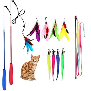 M JJYPET Retractable Cat Toys Wand,12 Packs Interactive Cat Feather Toys,9 Assorted Teaser Refills with Bell for Cat,Kitten