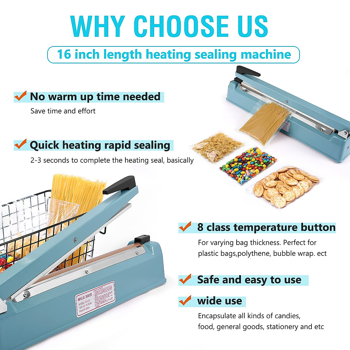 METRONIC Impulse Sealer 16 inch, Manual Heat Sealer Machine for Plastic Bags, Shrink Wrap Bag Sealers Heavy Duty Sealing Machine With Repair Kit