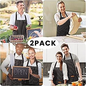 BeLuyi 2 Pack Adjustable Bib Apron with 2 Pockets Chef Cooking Kitchen Restaurant Aprons for Women Men (Black/Black Stripes)
