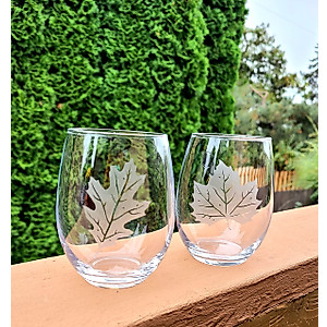 Fall leaves glass set, etched wine glass, etched maple leaf glass, oak leaf glass, stemless barware, for wine lovers, hostess gift