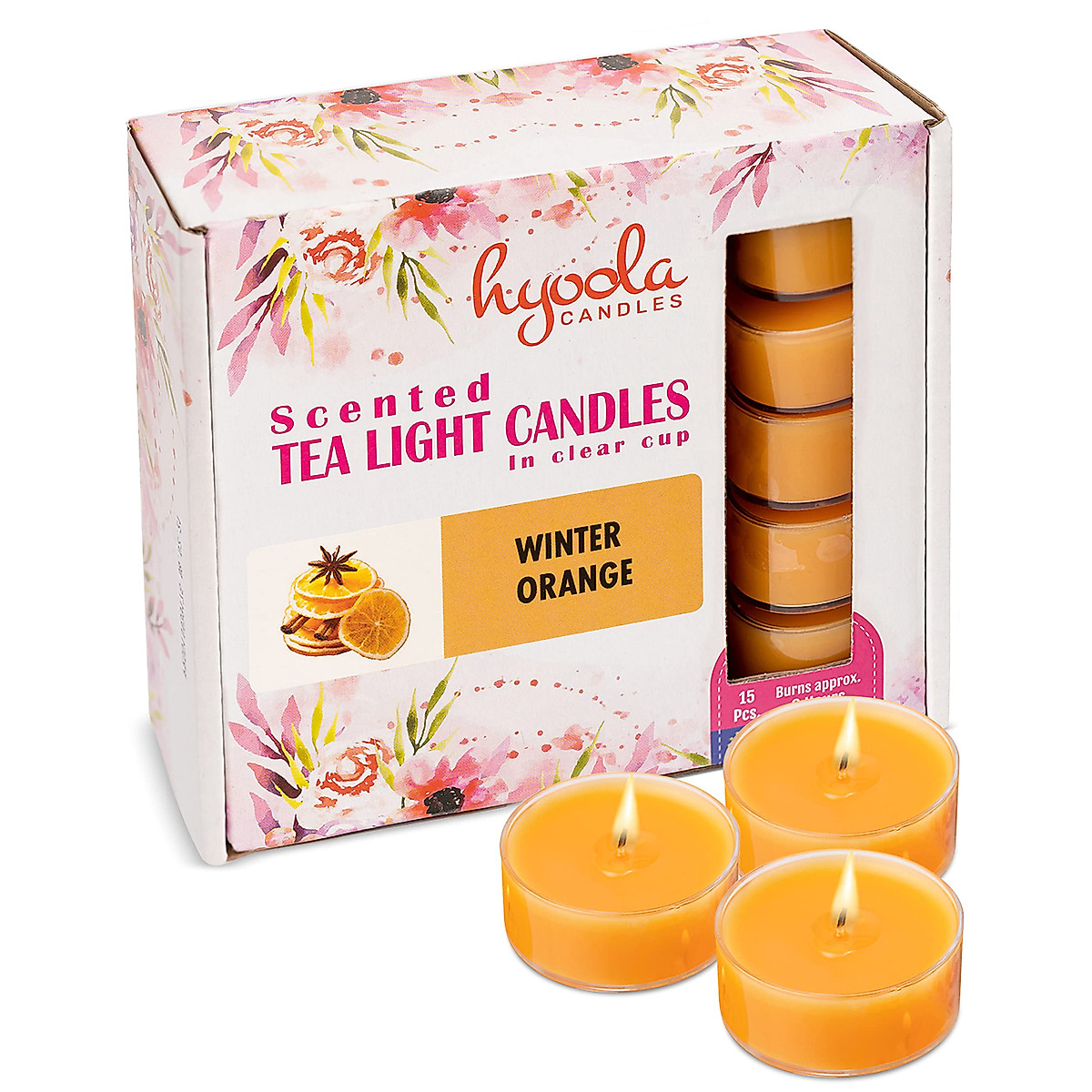 HYOOLA Scented Tealight Candles - Clear Cup - Winter Orange Tealight Candles Scented - 6 Hour Burn Time - 15 Pack - European Made