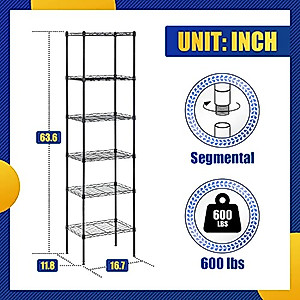 Heavy Duty 5/6 Tier Wire Shelving Unit Adjustable Storage Rack on Wheels 6000 Lbs Weight Capacity Metal Shelves Space Saving Wire Shelf (Black, 600 Lbs (11.8" D x 16.7" W x 63.6" H))