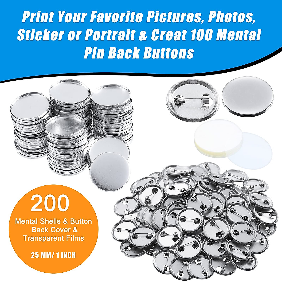 Hicarer 600 Pieces Blank Button Making Supplies Round Badge Button Parts Metal Button Pin Badge Kit for Button Make Machine, Including Metal Shells Metal Back Cover and Clear Film (1 Inch)