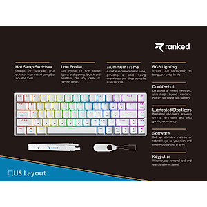 Ranked G65 Guardian 65% | Full Aluminum Frame | Ultra Slim Hot Swappable Mechanical Gaming Keyboard | 68 Keys Multi Color RGB LED Backlit for PC/Mac Gamer (White, Gateron Low Profile Blue)