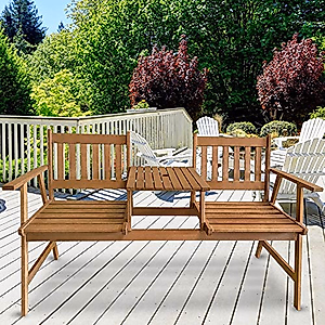 Outdoor Patio Bench Tete a Tete Garden Bench Porch Chair Patio Conversation Sets Furniture Outdoor Loveseat Set Solid Eucalyptus Wood with Umbrella Hole Table for Pool Beach Backyard Balcony Deck