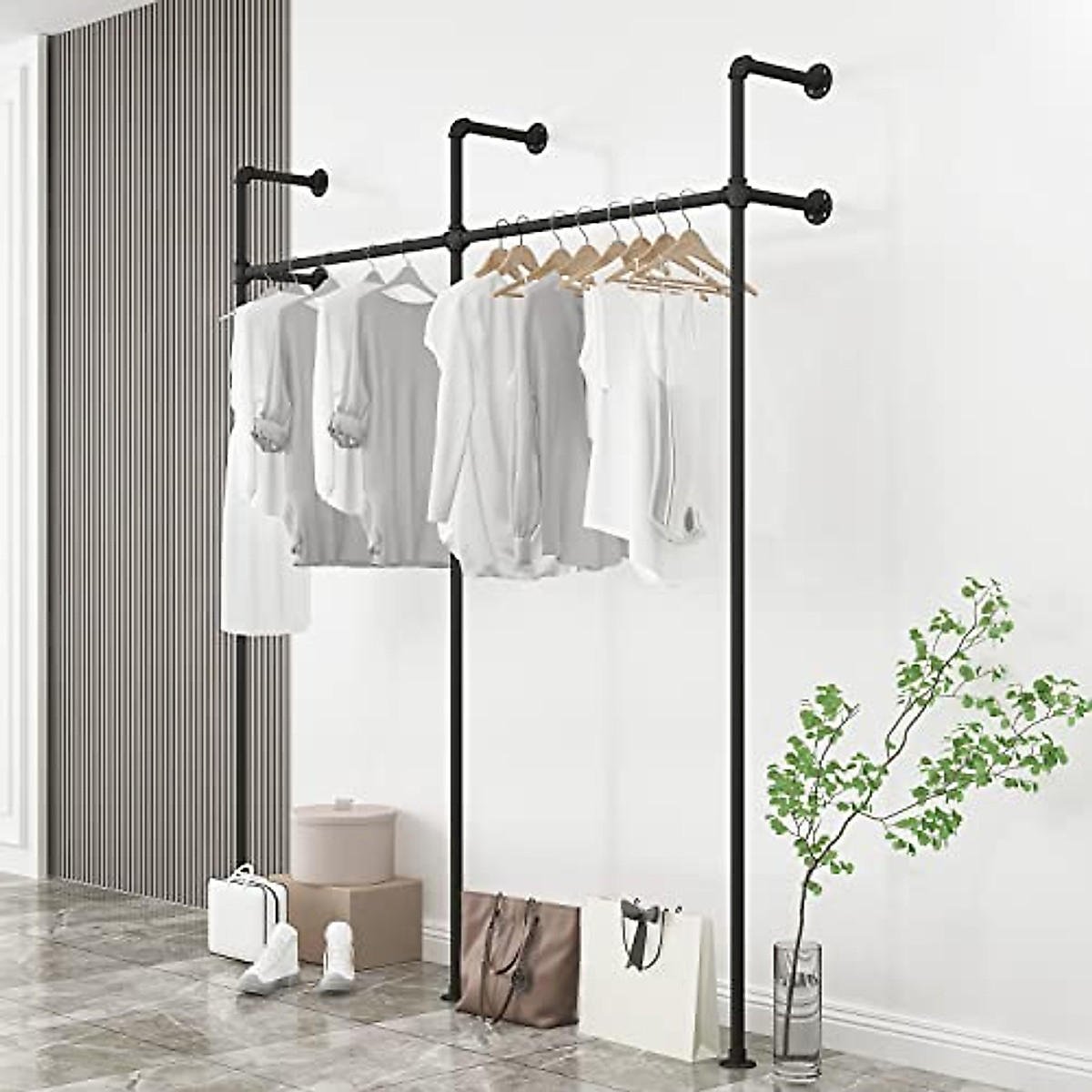 LANJIN Industrial Pipe Clothing Rack On Wall,Moden Wall Mounted Closet Storage Rack,Hanging Clothes Retail Display Rack,Heavy Duty Steampunk Garment Racks,Black & Double A