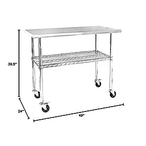ROCKPOINT Stainless Steel Table for Prep & Work with Caster 49x24 Inches, NSF Metal Commercial Kitchen Table with Adjustable Wire Under Shelf and Table Foot for Restaurant, Home and Hotel