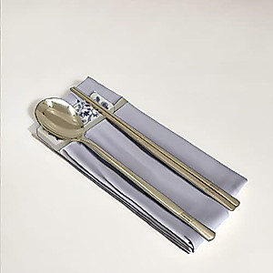 Korean Chopsticks Spoon 2 Set - METAL STAINLESS STEEL Titanium Plating -Printed Hangul Characters (Bamboo-Gold 1set)