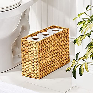 mDesign Rustic Farmhouse Rice Weave Hyacinth Toilet Paper Holder Basket - Small Storage Organizer Tank Topper for Bathroom Counter or Top of Toilet - Holds 6 Rolls of Toilet Paper - Natural/Tan