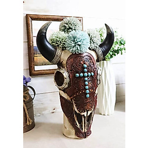 Ebros Gift Colorful Southwestern Native Indian Cow Skull with Turquoise Cross and Faux Tooled Leather Mask Desktop Floral Flower Vase Planter Figurine Wildlife Bisons Bulls Spirit Totem Accent