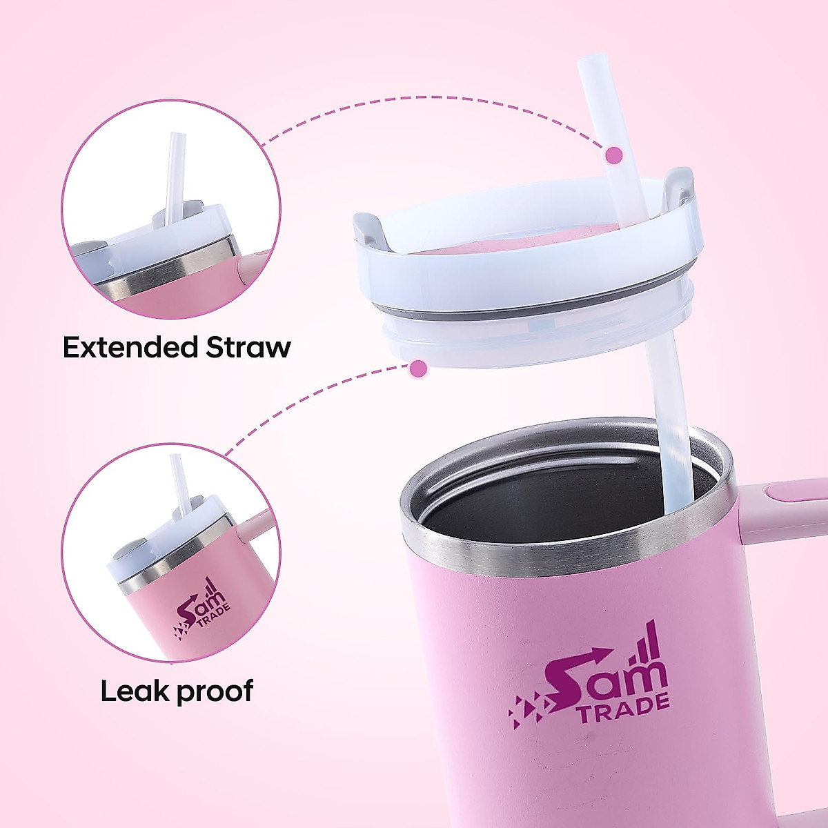 Samtrade Drinking Cup, Stainless Steel Insulated Tumbler with Handle (40oz) - 100% Leak-Proof Friendly Travel Mug, Light Lavender, YX-T40