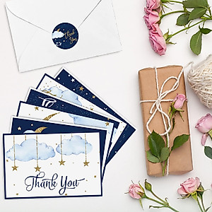 AnyDesign 36 Pack Stars Thank You Greeting Cards with Envelopes Matching Seal Stickers Blue Starry Delight Blank Note Cards Twinkle Moon Event Stationery for Baby Shower Birthday Supplies