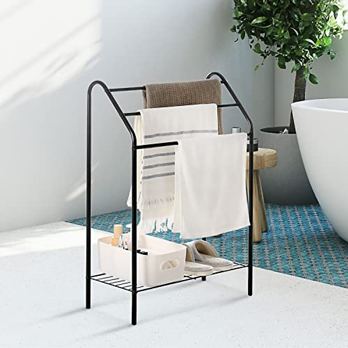 MyGift 3 Tier Matte Black Metal Bathroom Towel Bar Rack, Freestanding Laundry Room Clothes Drying Stand with Bottom Storage Shelf