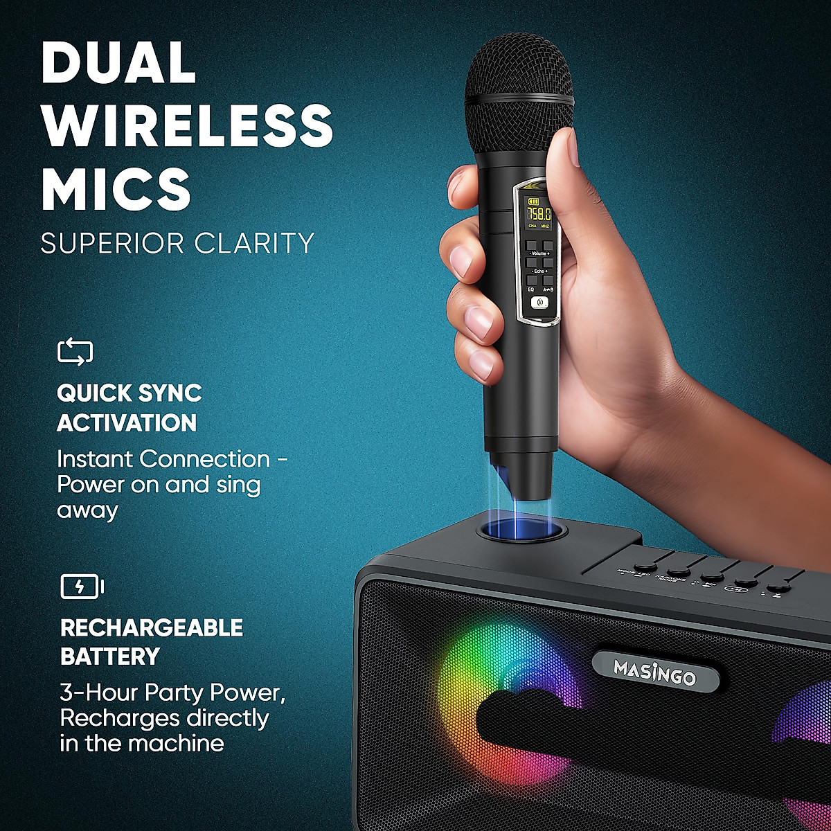 MASINGO Karaoke Machine for Adults and Kids with 2 Wireless Microphones, Portable Bluetooth Singing Speaker, Colorful LED Lights, PA System, Lyrics Display Phone Holder, and TV Cable. Presto G2 Black