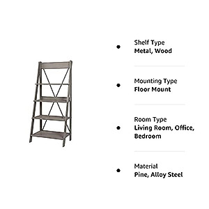 Walker Edison X Back Modern Farmhouse Wood Bookcase Bookshelf Home Office Living Room Storage, 4 Shelves, Grey