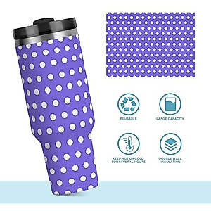 Flradish 30oz Tumbler with Handle, Polka Dots Purple White Stainless Steel Tumbler with Lid and Straws Double Wall Vacuum Insulated Leakproof Coffee Travel Mug