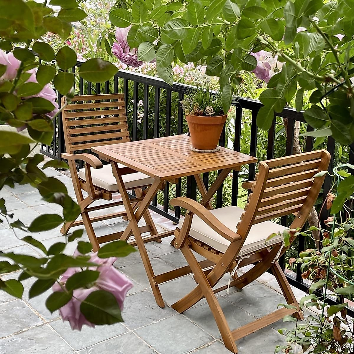 Idzo Heavy Duty Patio Bistro Armchairs Set of 2 for Outdoor with Legolas Bistro Dining Table, FSC Acacia Wood, Dinning Set for Romantic Couple