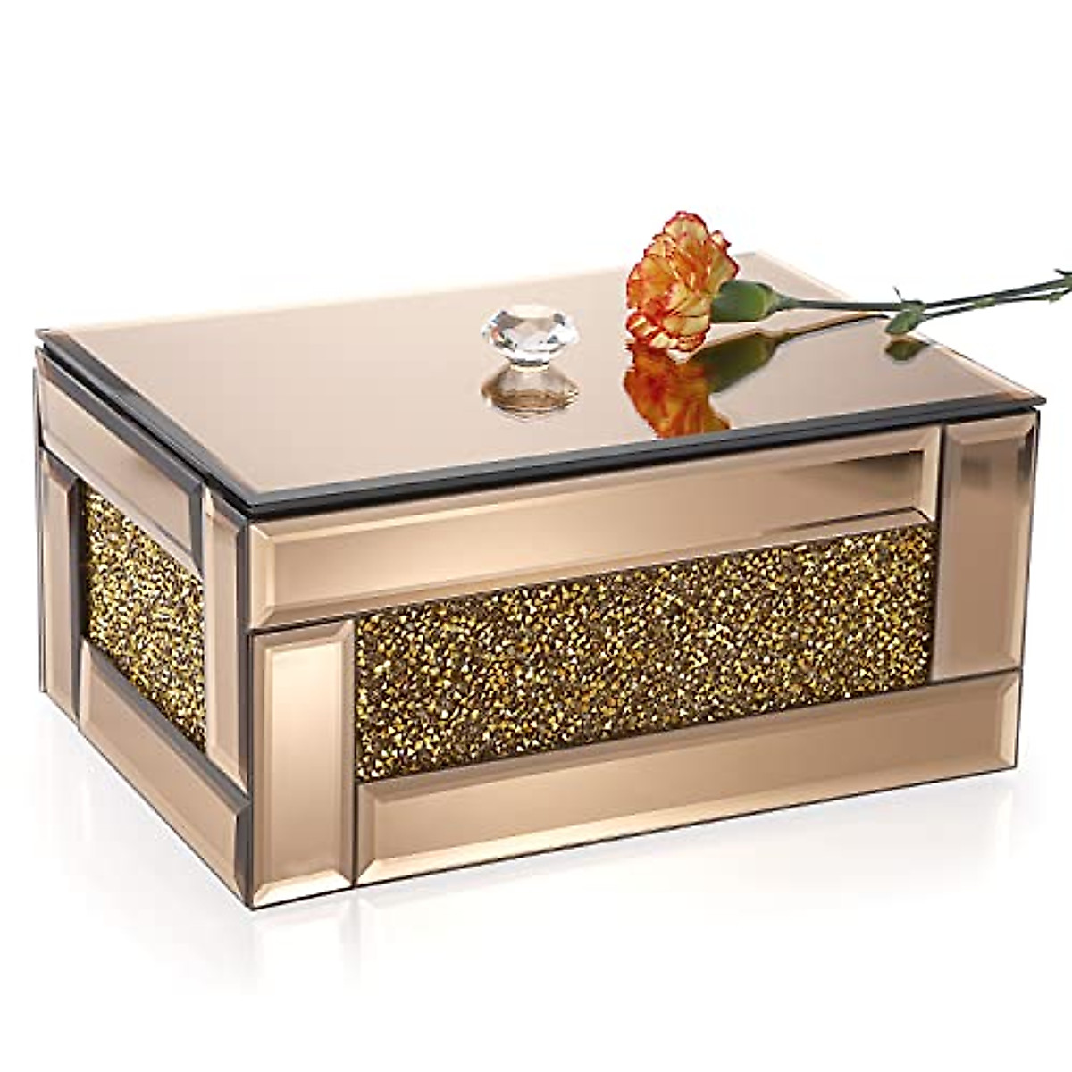 Hipiwe Glass Mirrored Jewelry Box with Crushed Diamond Decor Jewelry Trinket Organizer Box Keepsake Box Treasure Chest Case for Rings Earrings Necklace Storage Box (Large, Gold)