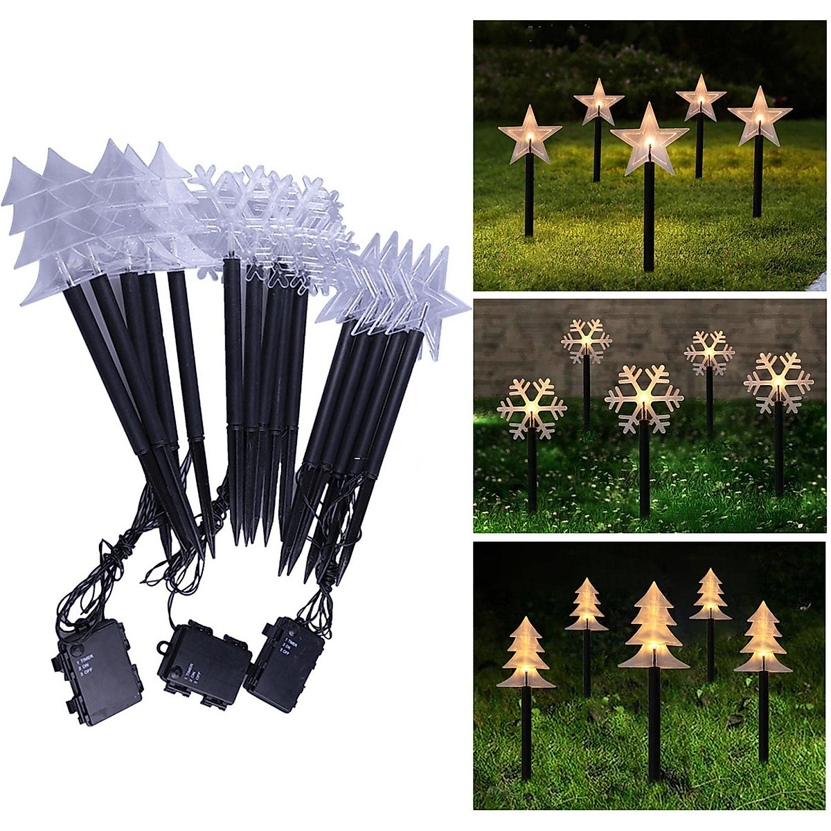 Solar Christmas Lights Outdoor - Set of 15 Energy Saving Waterproof Solar Powered Stake Lights - 2 Lighting Modes Christmas Decorations for Home, Pathway, Garden, Walkway, Yard, Lawn, Patio (3 Styles)