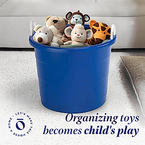 HOMZ 17-Gallon Plastic Multipurpose Utility Storage Bucket Tub with Strong Rope Handles for Indoor and Outdoor Use, Blue (4 Pack)