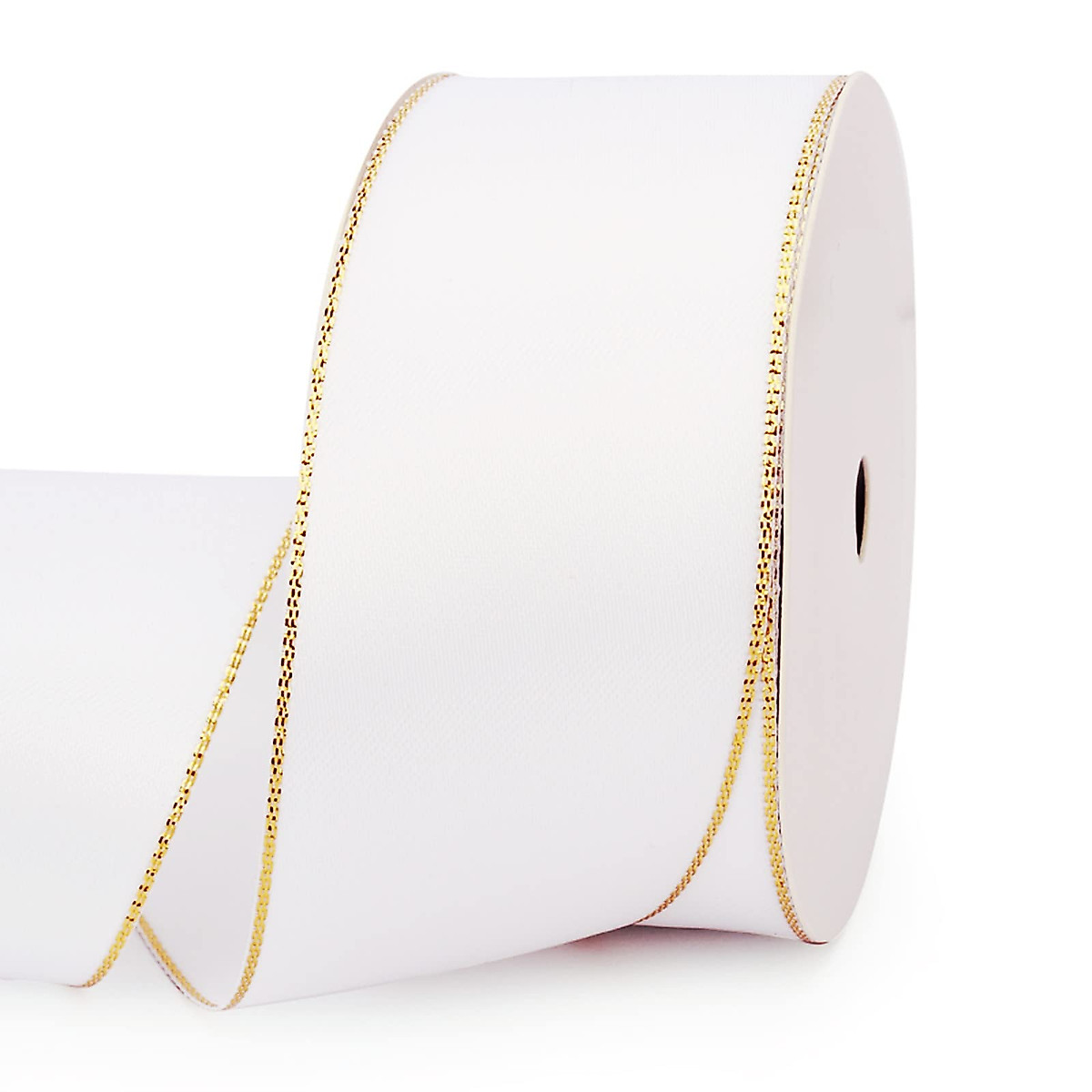 VIVIQUEN White Double Faced Satin Ribbon with Gold Edge, 1-1/2” Polyester Continuous Ribbon -25 Yards,Wide Ribbon for Gift Wrapping,Wedding,Bows Bouquet,Floral Arrangement and Craft