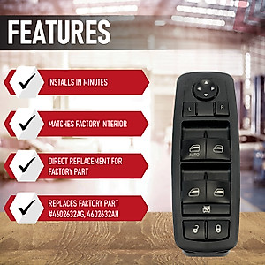 Driver Side Master Power Window Switch - Compatible with Dodge and Jeep Vehicles - 2008-2012 Nitro and Liberty, 2009-2010 Journey - Replaces Part 4602632AH, 4602632AF, 4602632AB, 4602632AG - 8 Pins