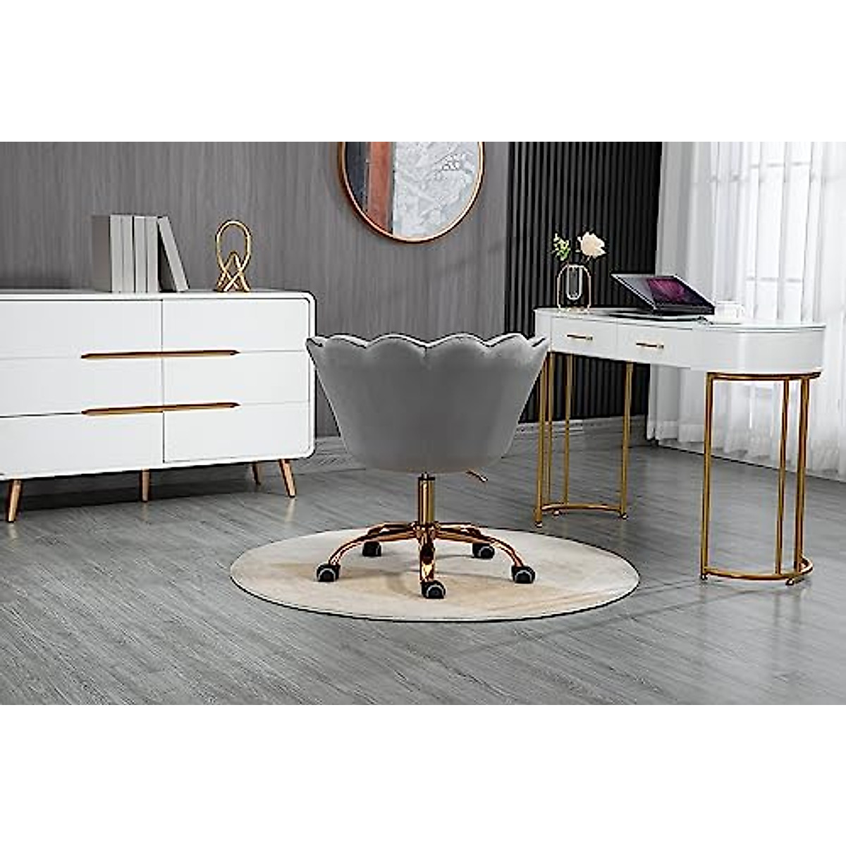 ZOBIDO Comfy Home Office Task Chair with Wheels, Cute Modern Upholstered Velvet Seashell Back Adjustable Swivel Vanity Desk Chair, for Women, for Girls, Living Room, Bedroom (Grey)
