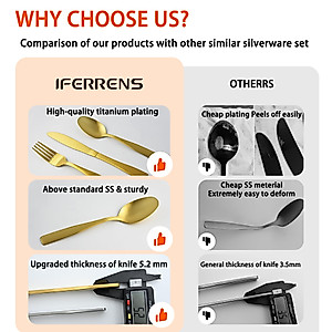 IFERRENS 40-Piece Matte Gold Silverware Set for 8, 18/0 Brushed Finish Stainless Steel Utensils Set, Dishwasher Safe Modern Flatware Set for Daily Home Restaurant Party Event Serving For 8