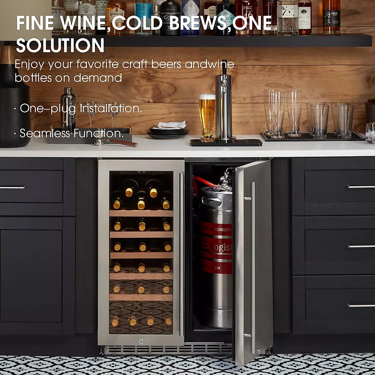 HCK Wine Cooler Fridge and Kegerator 2in1 Outdoor Refrigerator,Cellar Freestanding Refrigerator and keg fridge with tap with Digital Touch Display & Stainless Steel & Triple-Layer Tempered Glass Door
