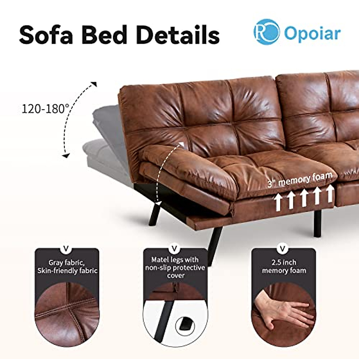 Opoiar Futon Memory Foam Couch Bed with Mattress and Frame Included,Comfortable Faxu Loveseat Sleeper Sofa for Dorm Apartment Office College Small Space Bedroom RV Living Room, Brown Leather