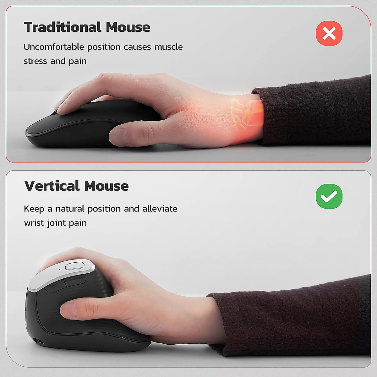 Wireless Vertical Mouse, Advanced Ergonomic Mouse Reduces Muscle Strain, 2400 DPI, USB C Rechargeable, 3 Device Connection (Bluetooth or USB), Compatible for PC, Laptop, iPad, Mac, Windows, Grey