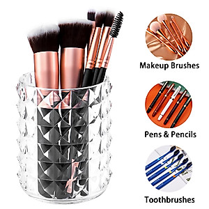 Funtygy Acrylic Makeup Brush Holder Organizer, Clear Pencil Pen Holder, Crystal Cosmetics Brushes Cup Storage Solution, Round