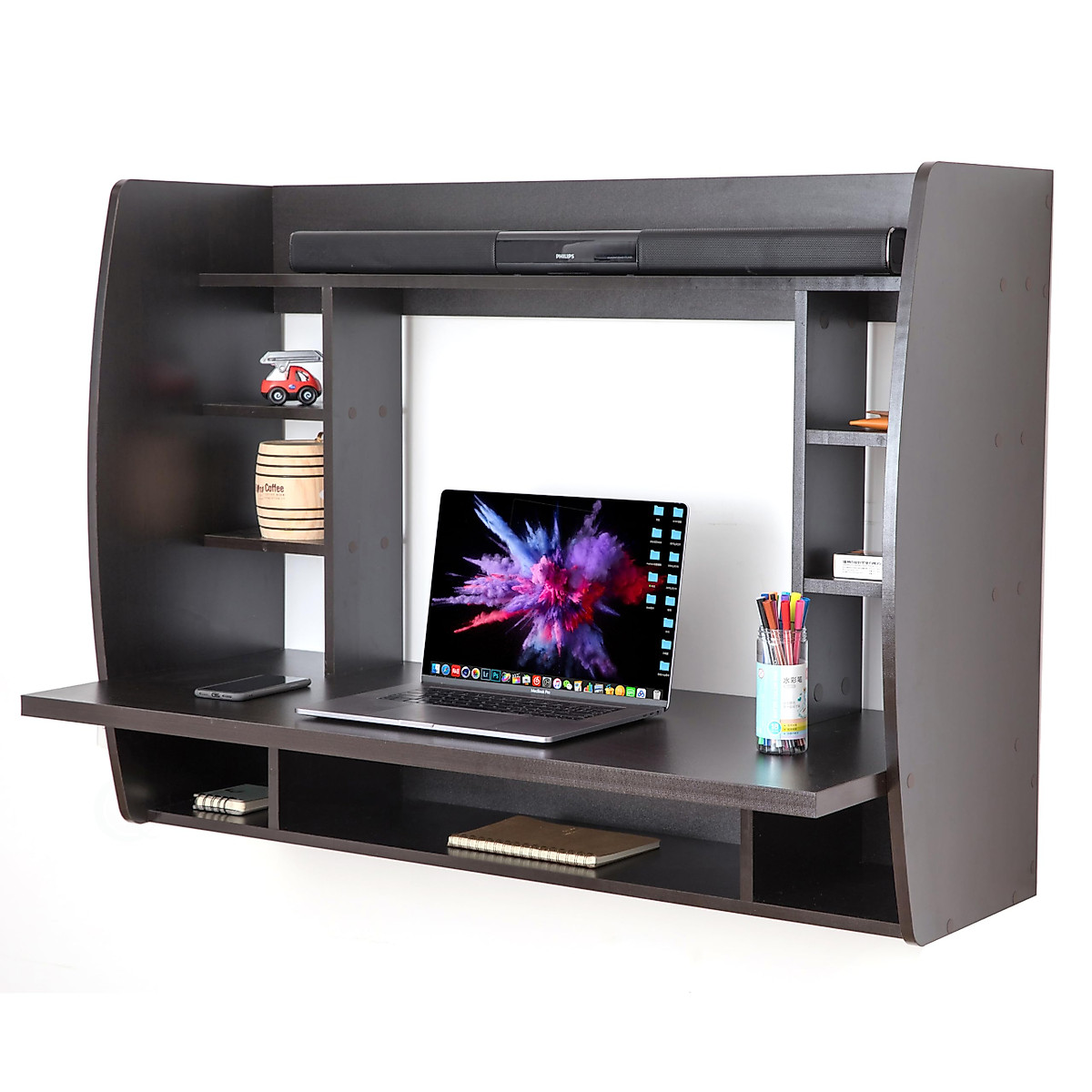 Basicwise Wall Mount Laptop Office Desk with Shelves, Black,