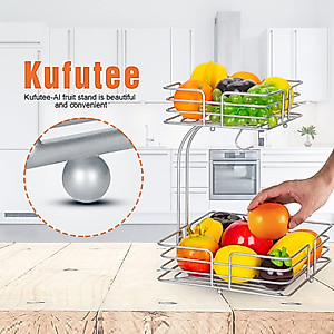 Kufutee 2 Tier Countertop Fruit Basket,Vegetables Bowl Storage With Banana Hanger,Sliver