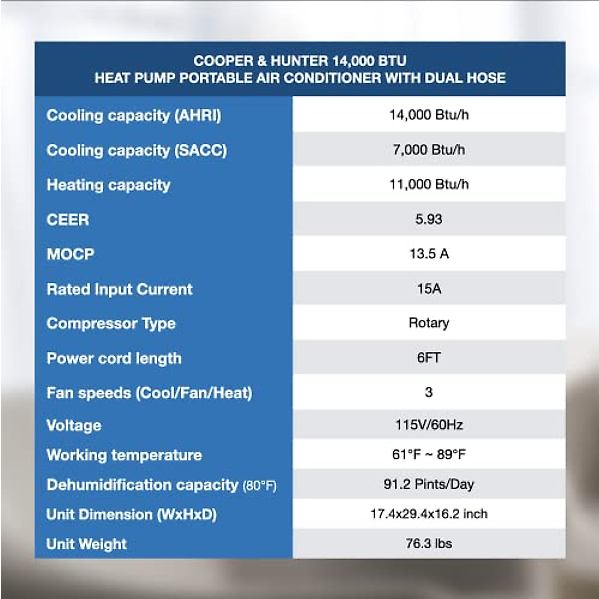 Cooper & Hunter 14,000 BTU 115V Dual Hose Heat Pump Portable Air Conditioner and Heater Including Remote Controller