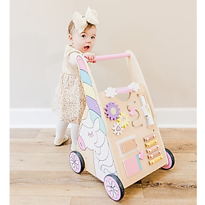 Hopscotch Squad Sit-to-Stand Learning Walker Unicorn Themed Interactive Wooden Push & Pull Baby Walker with Multiple Activities to Develop Motor Skills