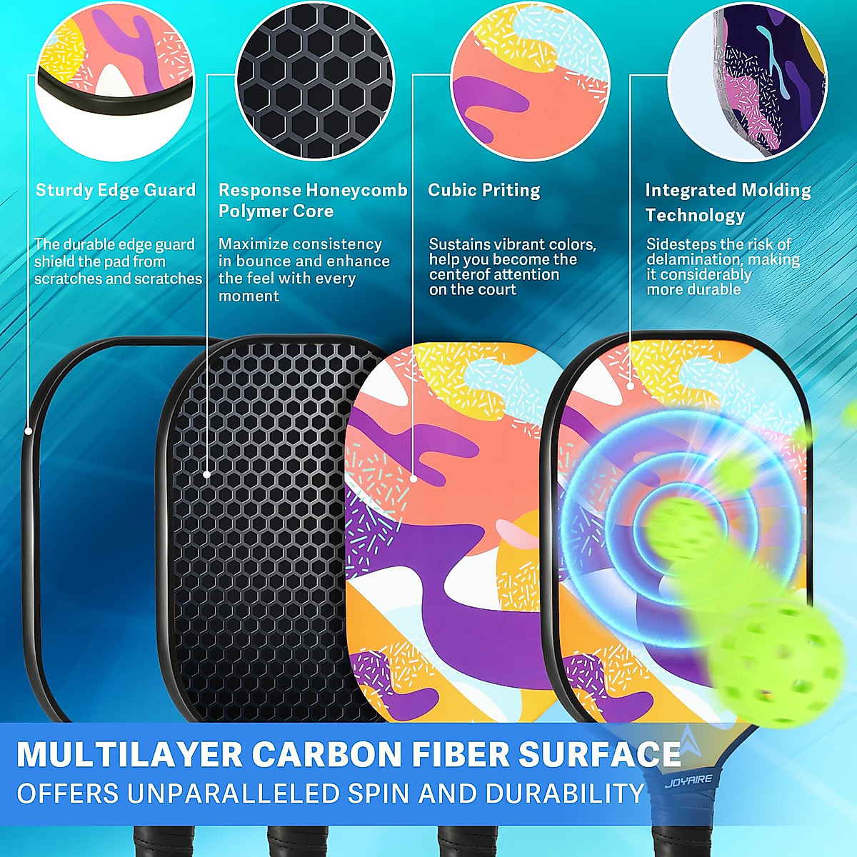 JOYAIRE Pickleball Paddles Set of 2, USAPA Standard Multilayer Carbon Fiber Surface High Control & Spin, Pickle Ball Rackets Lightweight Honeycomb Core w/ 4 Pickleball, Portable Bag, Men Women