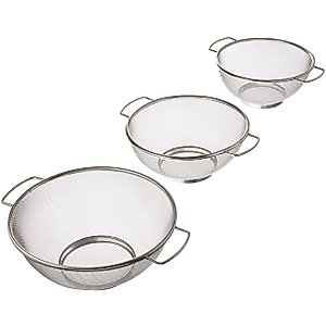 ExcelSteel Fine Mesh Colander w/Resting Base, Dishwasher Safe Vegetables, Fruit 3 Piece Strainer Set, 8”, 9”, 10”, Stainless Steel