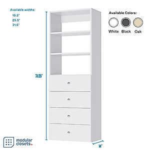 Closet Shelves Tower - Modular Closet System With Drawers (4) - Corner Closet System - Closet Organizers And Storage Shelves (White, 31.5 inches Wide) Closet Shelving