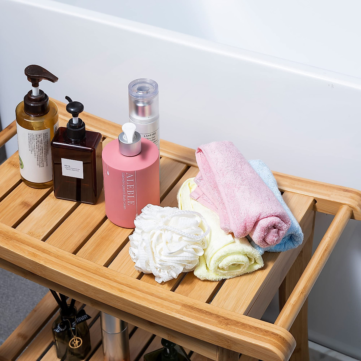 Forevich Bamboo Shower Bench Stool with Storage Shelf Waterproof Shower Chair Spa Bath Seat Excellent for Indoor Use Natural