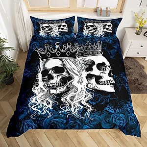 Manfei Gothic Skull Duvet Cover Set King Size, Skeleton Couple Comforter Cover with 2 Pillowcases, Blue Rose Flower Bedding Set 3pcs for Kids Boys Girls Adults Room Decor Lightweight Bedspread Cover