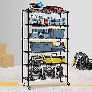 6 Tier Wire Metal Shelving Rack,Heavy Duty 48" W x 18" D x 82" H Adjustable Shelving Units and Storage with Casters/Wheels and Feet Levelers,Garage Metal Steel Storage Shelves for Kitchen/Office Rack