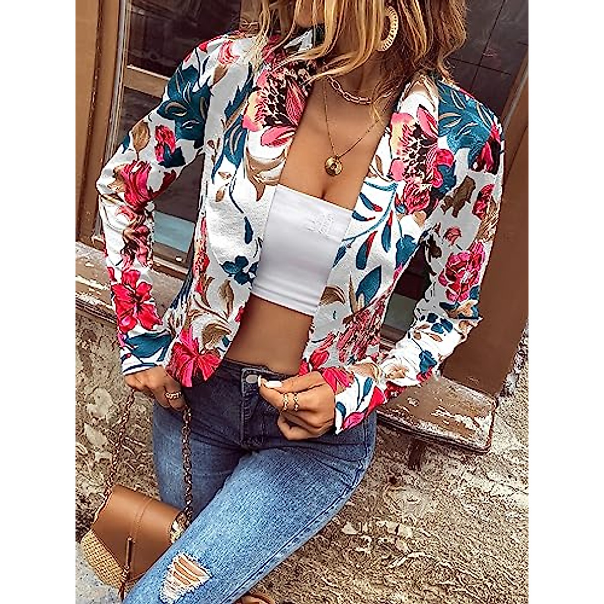 OYOANGLE Women's Floral Print Long Sleeve Blazers Casual Office Work Open Front Cardigan Jacket Blazer White L